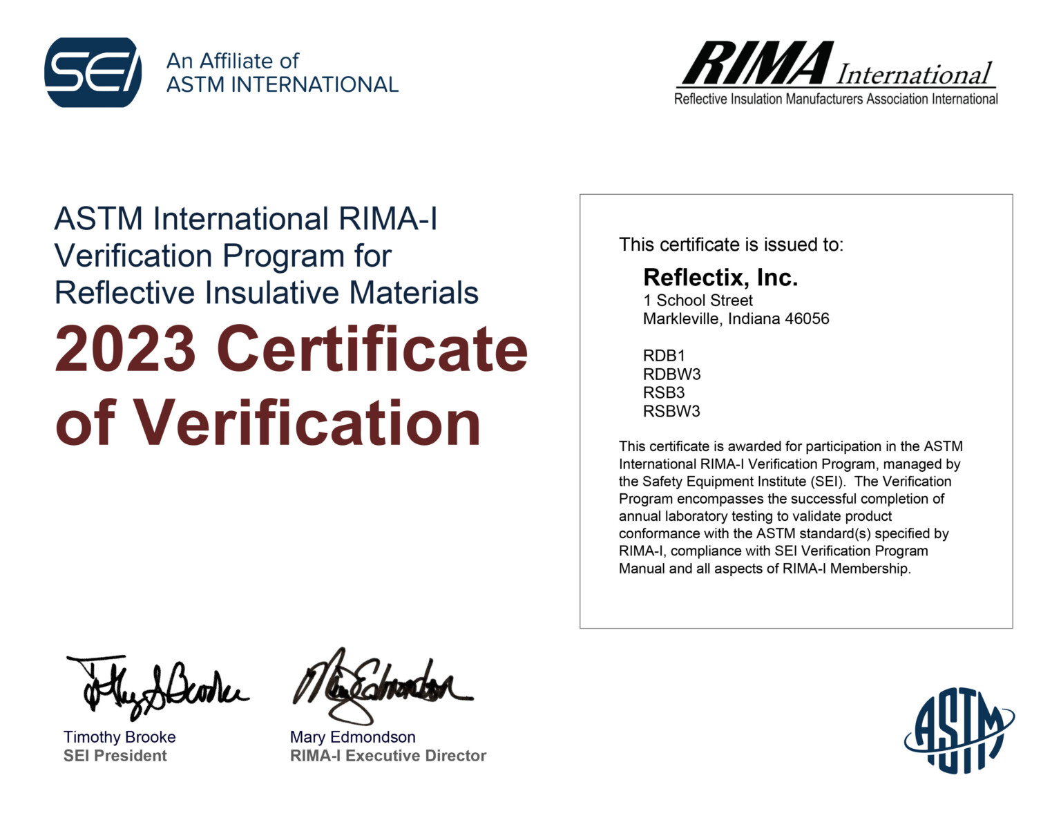 ASTM / RIMA-I Verification Program – Press Release | Reflectix, Inc.